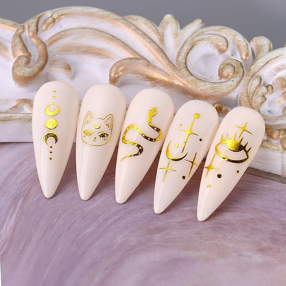 8 Sheets Gold Nail Sticker 3D Self-Adhesive Nail Decals Art Unique Moon Sun Stars White Cloud Snake Design Nail Art Sticker Decoration for Women Manicure Tips Acrylic Nails DIY Nails Art Supplies