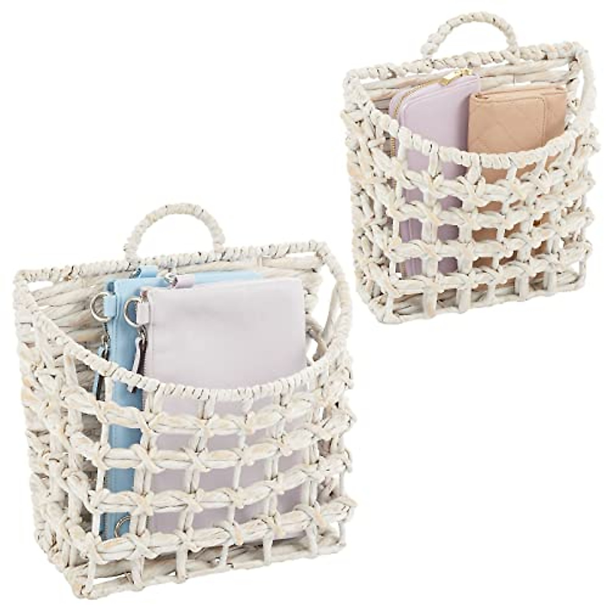 mDesign Woven Hyacinth Hanging Wall Mount Storage Organizer Basket - Rustic Hangable Mounted Market Baskets for Kitchen, Bathroom, Shelf - Holds Floral, Food, and Mail - Set of 2 - White Wash