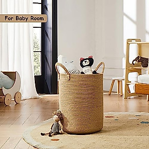 MOJOSCEND Jute Laundry Hamper Basket, 15Dx20H inches Tall Woven Rope Storage Basket for Blanket, Large Clothes Hamper for Bedroom, Baby Nursery Kids Laundry Basket Organizer