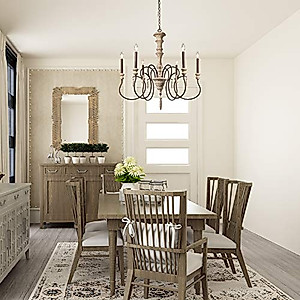 LALUZ Farmhouse Chandelier, French Country Chandelier for Dining Room, 6-Light, Handmade Distressed Wood, 31”Dia