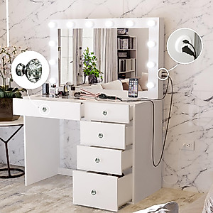 Boahaus Alana White Makeup Vanity Desk with Lights, 5 Drawers, Glass Top, USB Ports