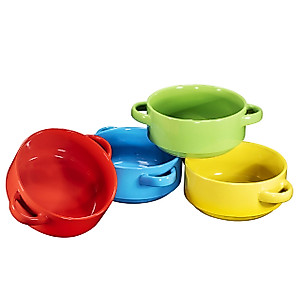 Bruntmor Soup Crocks with Handles, Porcelain Ceramic Bowls, for Rice, Dessert, Pasta, Dishwasher, Microwave, Oven & Broil Safe, Set of 4,Easy to clean, Ideal for Christmas Gifting, 19 oz (Multicolor)