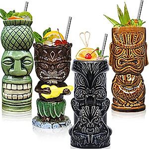 Tiki Glasses for Cocktails Tiki Mugs Set of 4 Ceramic Tiki Party Cups Bar Decor Creative Tiki Mug Set Large Hawaiian Glasses Tiki Drinking Bar Decorations Vintage Tropical Drinkware Barware 4 Packs