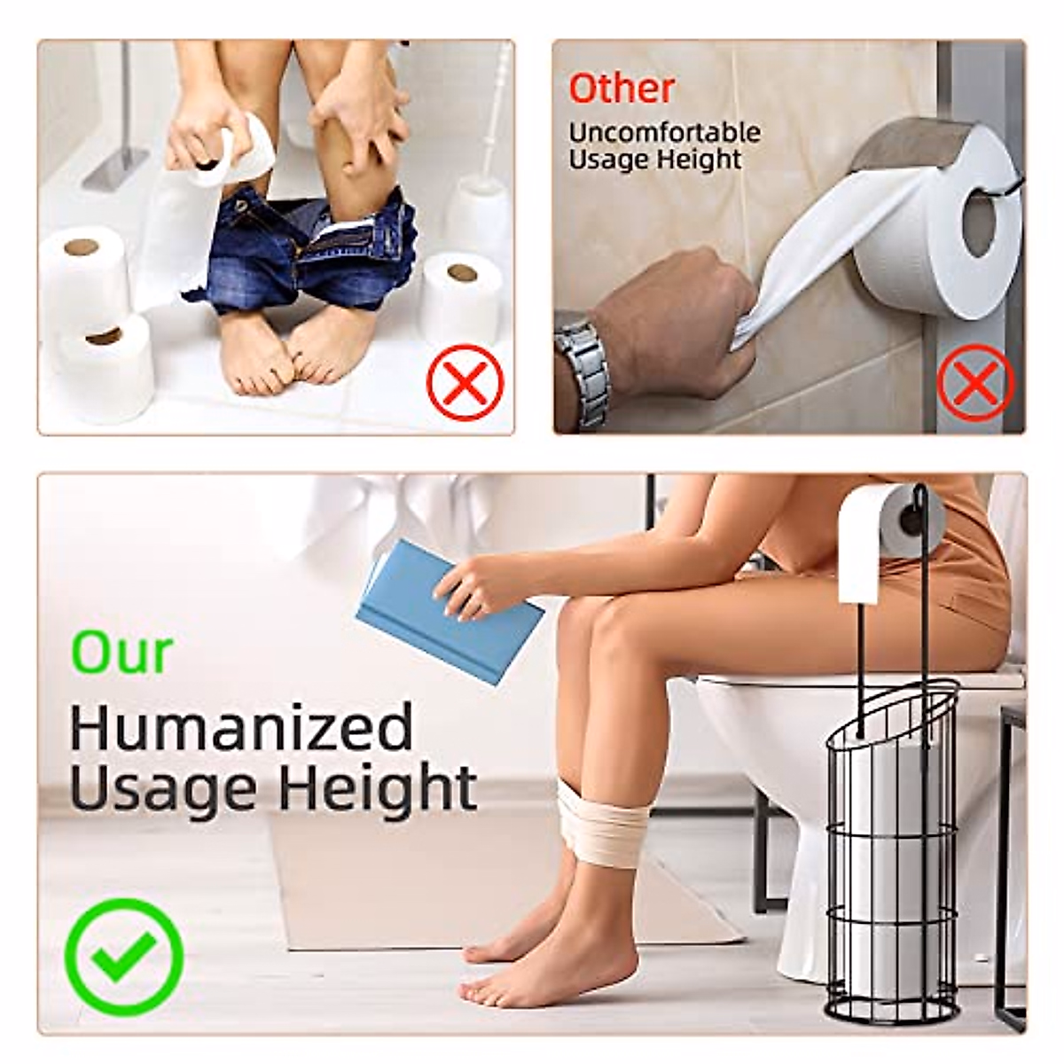 SunCleanse Free Standing Multipurpose Toilet Paper Holder with 2.5cm/1-Inch Raised Base，Toilet Paper Holder Stand Reserve 4 Mega Paper Rolls，Matte Black