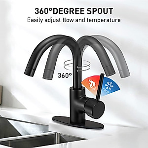 PHICHI Matte Black Bar Sink Faucet, Single Handle 1 Or 3 Hole Stainless Steel Gooseneck Faucets for Bathroom Outdoor with Hot & Cold Water Supply Lines