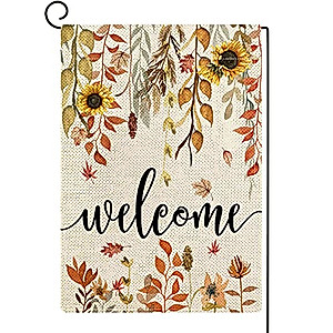 ORTIGIA Welcome Fall Maple Leaves Garden Flag Blurap Vertical Double Sided 12x18inch Autumn Sunflowers Small Garden Flag for Outside Fall Thanksgiving Farmhouse Seasonal Holiday Yard Décor
