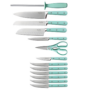 Martha Stewart 14 Piece High Carbon Stainless Steel Cutlery Knife Block Set w/ABS Triple Riveted Forged Handle Ashwood Block - Martha Blue