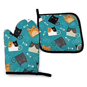Cats Fishbone Oven Mitts and Pot Holders Set， Heat Resistant Kitchen Gloves with Inner Cotton Layer for Cooking Baking Grilling