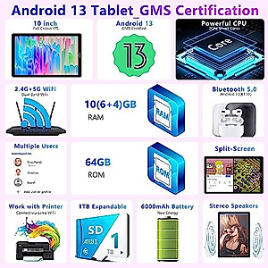 GOODTEL 2024 Newest Tablet 10-inch 10GB RAM 64GB ROM 1TB TF, Android 13, WiFi 5G/2.4G, Bluetooth 5.0, GMS, Widget, Split-Screen Function, AGPS, OTG, Type-C, 3.5mm AUX, 6000mAh, 8+5MP, Black