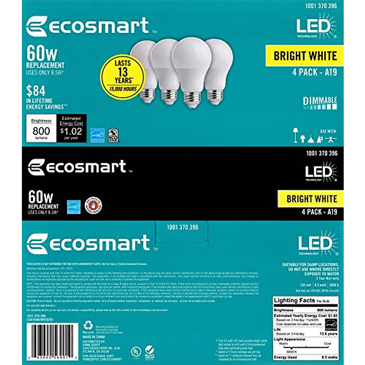 EcoSmart 60W Equivalent Bright White A19 Energy Star + Dimmable LED Light Bulb (4-Pack)