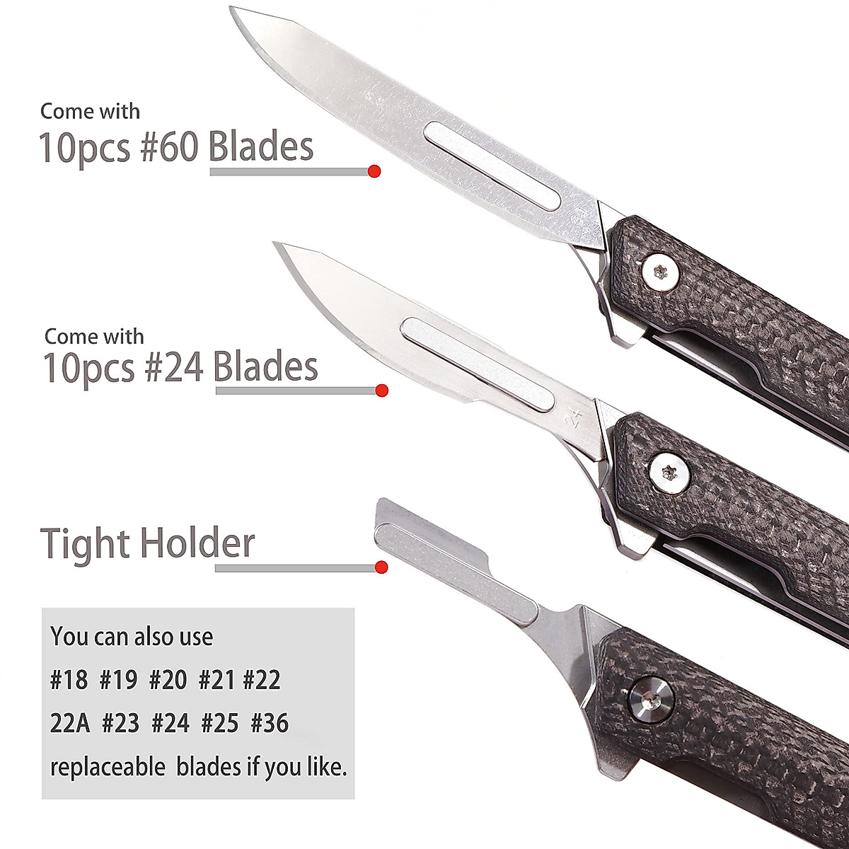 TENCHILON TC18 Small Carbon Fiber Pocket Folding Scalpel Knife, 10pcs #60 and #24 Replaceable Blades, Compact Slim Gentleman's Flipper EDC Utility Knives with Pocket Clip