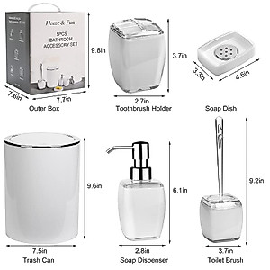 Bathroom Accessories Set 5 Piece Gift Set, Toothbrush Holder, Toilet Brush , Trash can, soap Dispenser, Soap Dish for Decorative Countertop and Housewarming Gift (White)