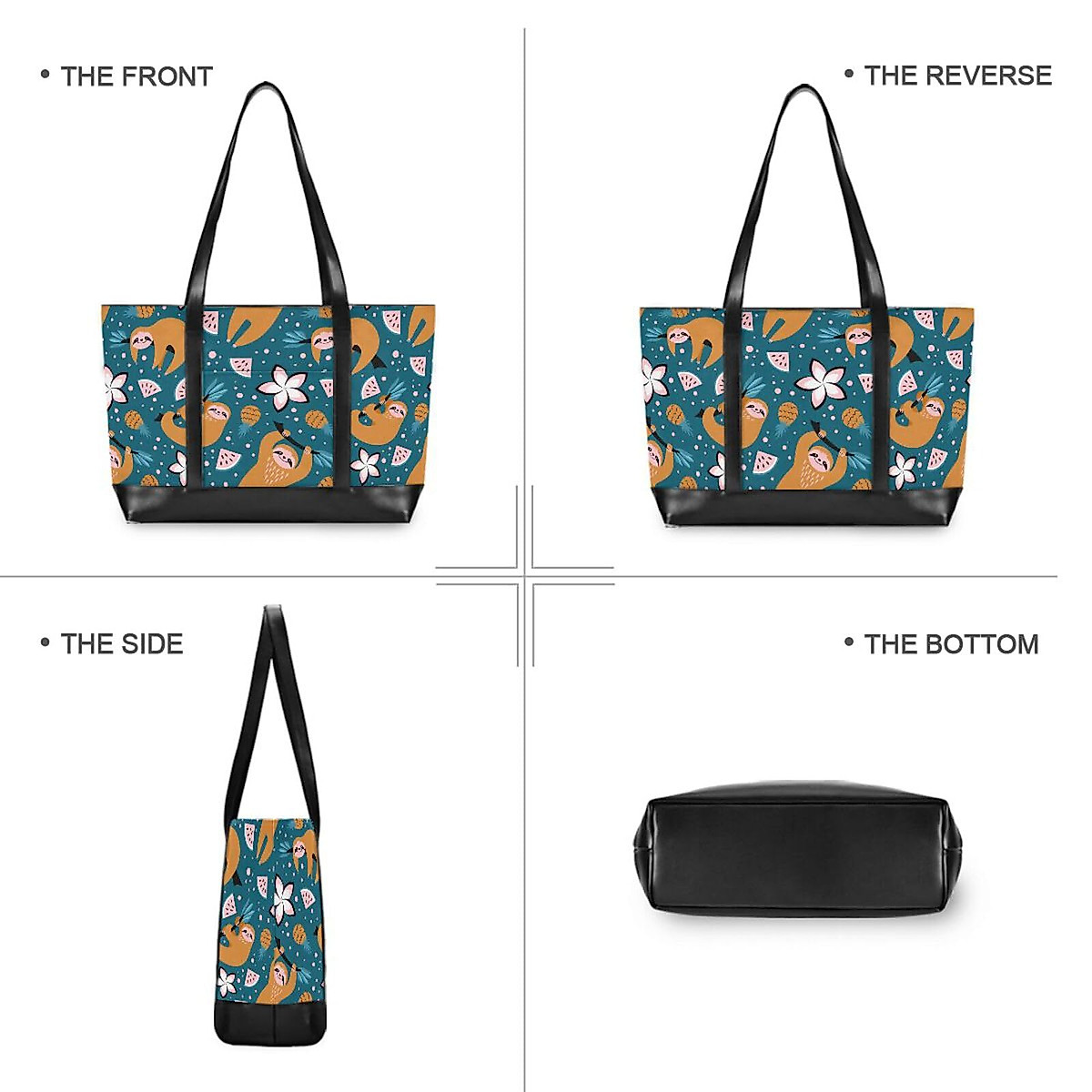 Sloths Flowers Laptop Tote Bag for Women Canvas Teacher Tote Bags Work Travel Bag Handbags Fashion Purse with Zipper