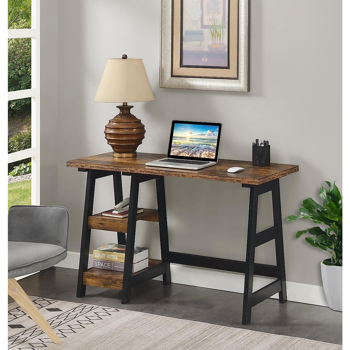 Convenience Concepts Designs2Go Trestle Desk 47" - Modern Desk or Vanity with Shelves, for Office, Dorm, Living Room, Barnwood/Black