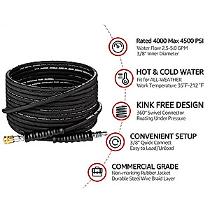 YAMATIC 3/8" Pressure Washer Hose 4000 PSI 50FT Hot Water Power Washer Hose Max 212°F with Swivel Quick Connect, Commercial Grade Steel Wire Braided & Synthetic Rubber Jacket, Kink Resistant