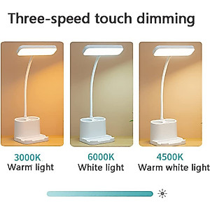 Bovmics LED Desk Lamp with 2 USB Charging Port and 3 AC Outlet, 3 Color Temperatures,Adjustable Neck, On/Off Switch,Eye-Caring Home Office Foldable Table Lamp (White)