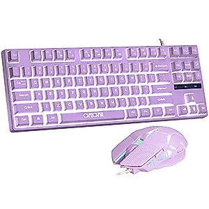 Gaming Keyboard and Mouse Purple Keyboard with White Backlit,CHONCNHOW 87keys LED Keyboard and Mic 3600DPI Wired 19-Keys No Conflict for Windows/Mac/Games（PurpleI，lluminated Key）
