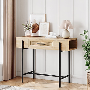 IDEALHOUSE Console Table Rattan Sofa Tables Narrow Entryway Table with Drawer and Storage, 40” Behind Couch Table Hallway Table Boho Desk Home Furniture for Living Room, Foyer, Bedroom