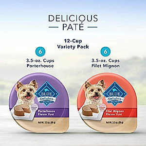 Blue Buffalo Delights Natural Adult Small Breed Wet Dog Food Cups, Pate Style, Filet Mignon and Porterhouse 3.5-oz (12 Pack- 6 of Each Flavor)