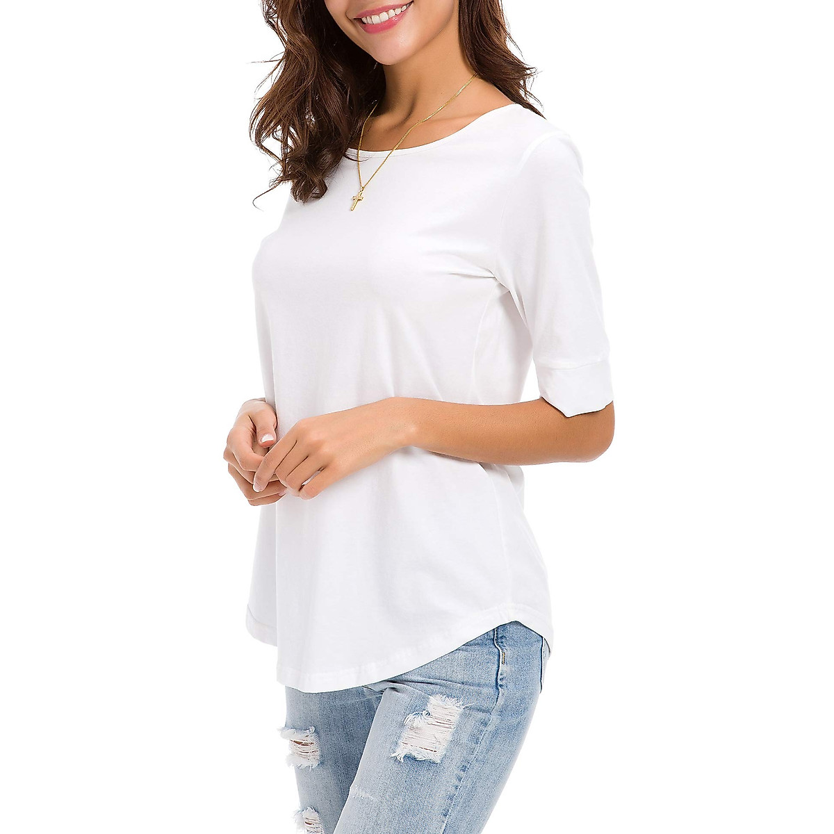 LUSMAY Womens White Cotton Tops Fashion Casual Fitted T Shirt Half Sleeve Tunic Tee
