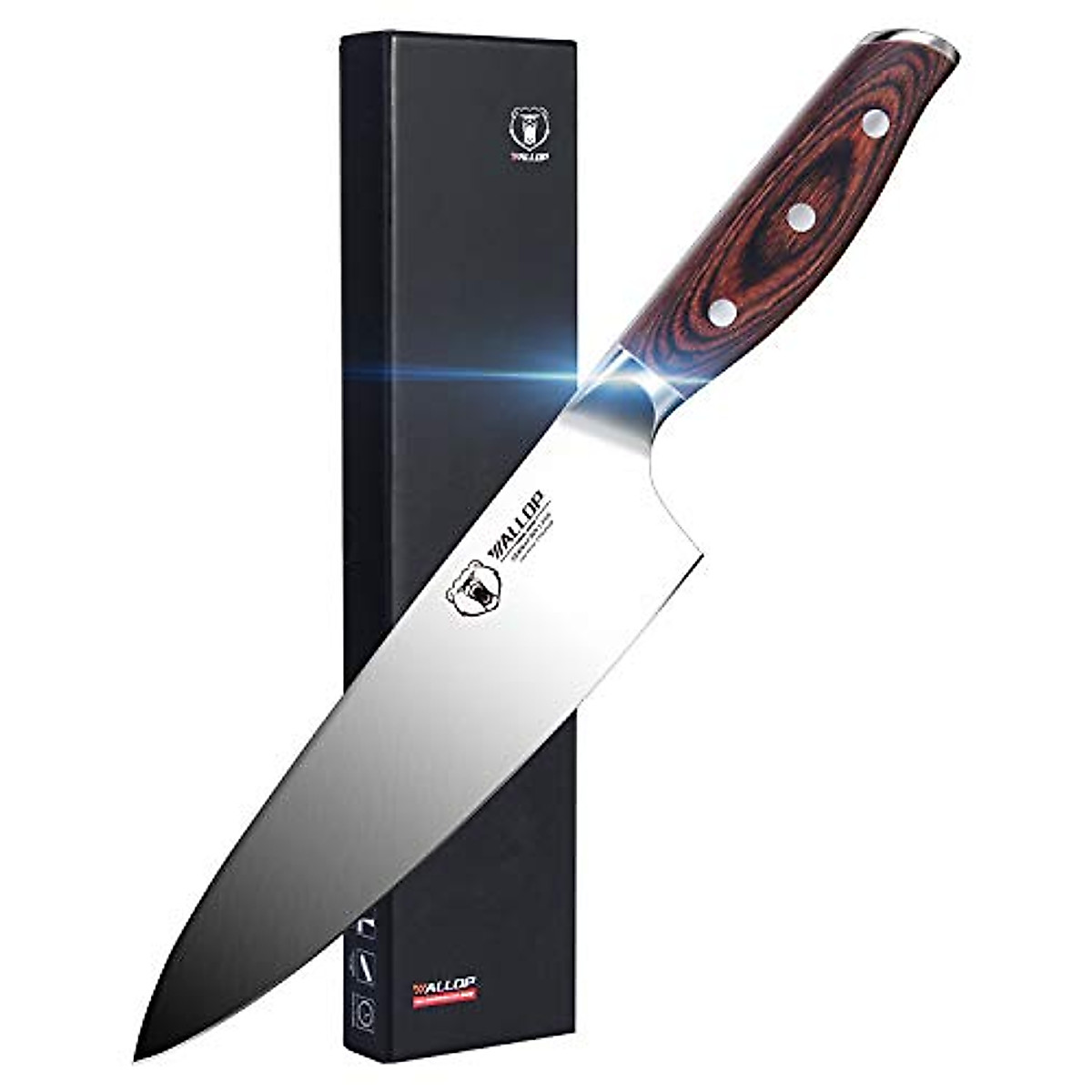WALLOP Chef Knife - Pro Kitchen Knife 8 inch Chef's Knife Japanese Gyuto Knife Ultra Sharp, German High Carbon Stainless Steel Full Tang Brown Pakkawood Handle, Gift Box Package, Jane Series
