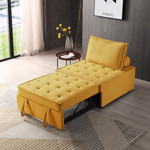 LIADTOP Pull Out Sofa, Small Tufted Velvet Convertible Couch, Easy to Assembly Faux Leather Single Bed with Removeable Backrest for Living Room Apartment (Yellow+Fabric)