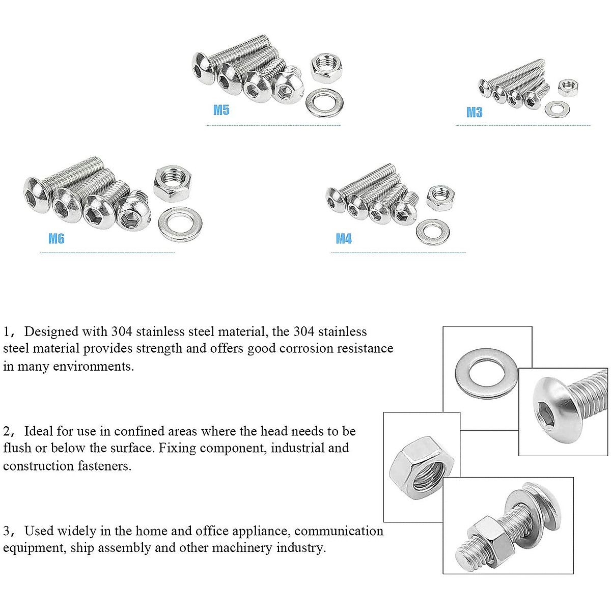DYWISHKEY 520 PCS M3 M4 M5 M6, 304 Stainless Steel Hex Button Head Cap Bolts Screws Nuts Washers Assortment Kit with Hex Wrenches