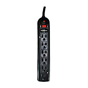 Weltron 6 Outlet Black Surge Protector Power Strip, Wall Mount, 750 Joules, Long 20 Foot Cord Cable