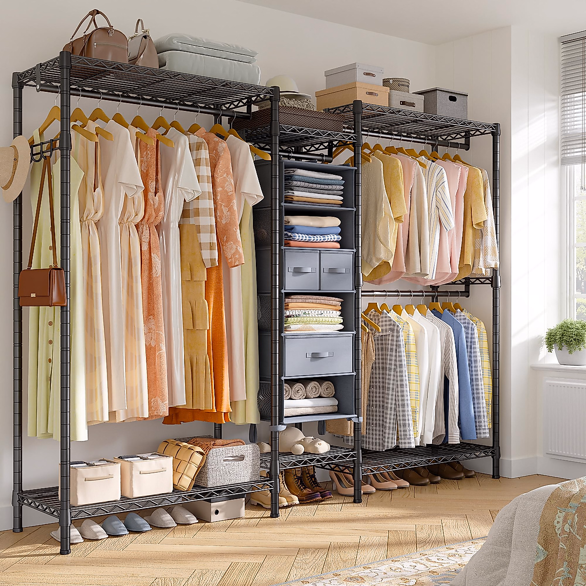 Raybee Clothes Rack, Clothing Racks for Hanging Clothes Heavy Duty Clothing Rack 800LBS Adjustable Clothes Racks for Hanging Clothes Metal Wire Garment Rack with 7 Drawers, Portable Closet Rack, Black