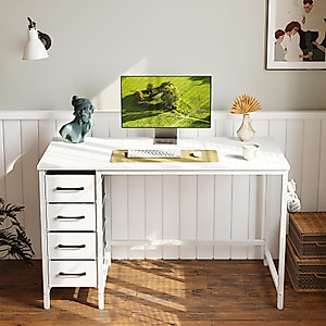 CubiCubi 40 Inch Computer Reversible Desk with 4 Storage Drawers, Small Home Office Kids Student Writing Study Work Table for Bedroom, White