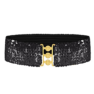 Anna-Kaci Women's Sparkly Glitter Sequin Wide Stretch Elastic Belt Accessory,Black,One Size