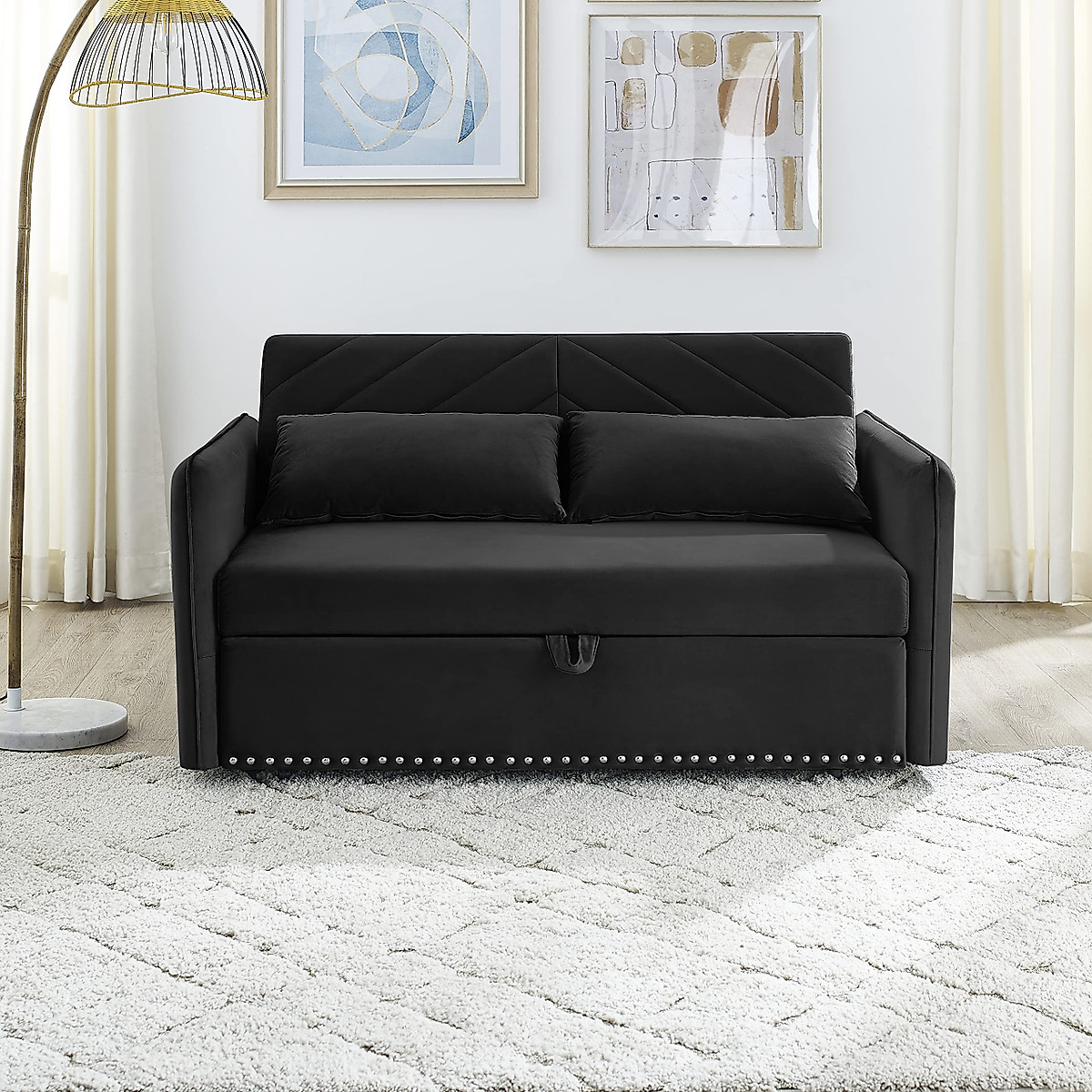 Miscoos Velvet Sleeper Sofa Bed with USB Port-3-in-1 Adjustable, Black