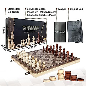 Demiwise Magnetic Chess Sets - Chess & Checkers Set (2 in 1), 2 Extra Queens, Magnetic Chess Board, Checkers Board Portable Folding Board Game for Adults and Kids