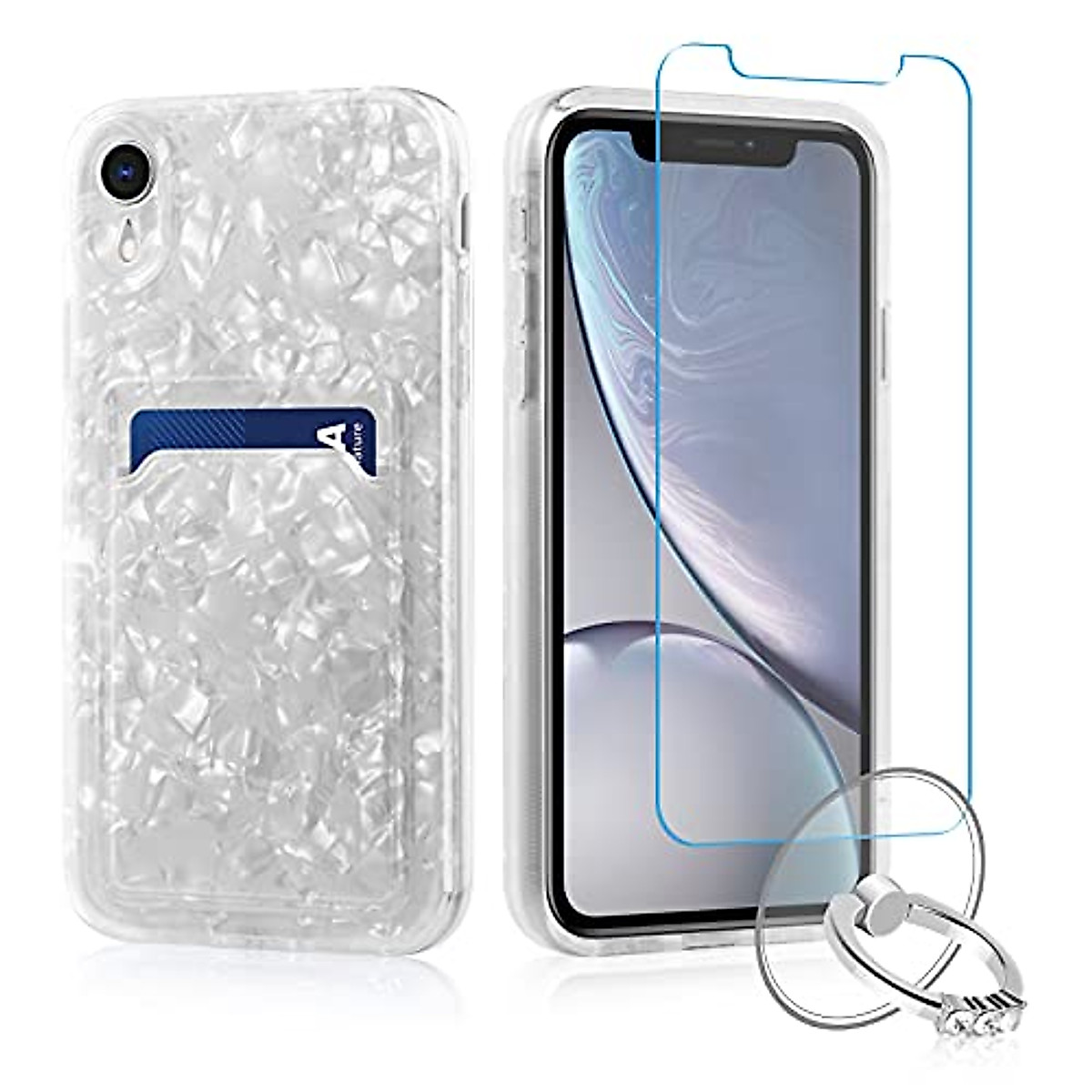 ZIYE Designed for iPhone XR Case with Card Holder for Women Girls Shell Pattern TPU Protective Phone Bumper ID Card Wallet Pocket with Screen Protector Ring Holder White