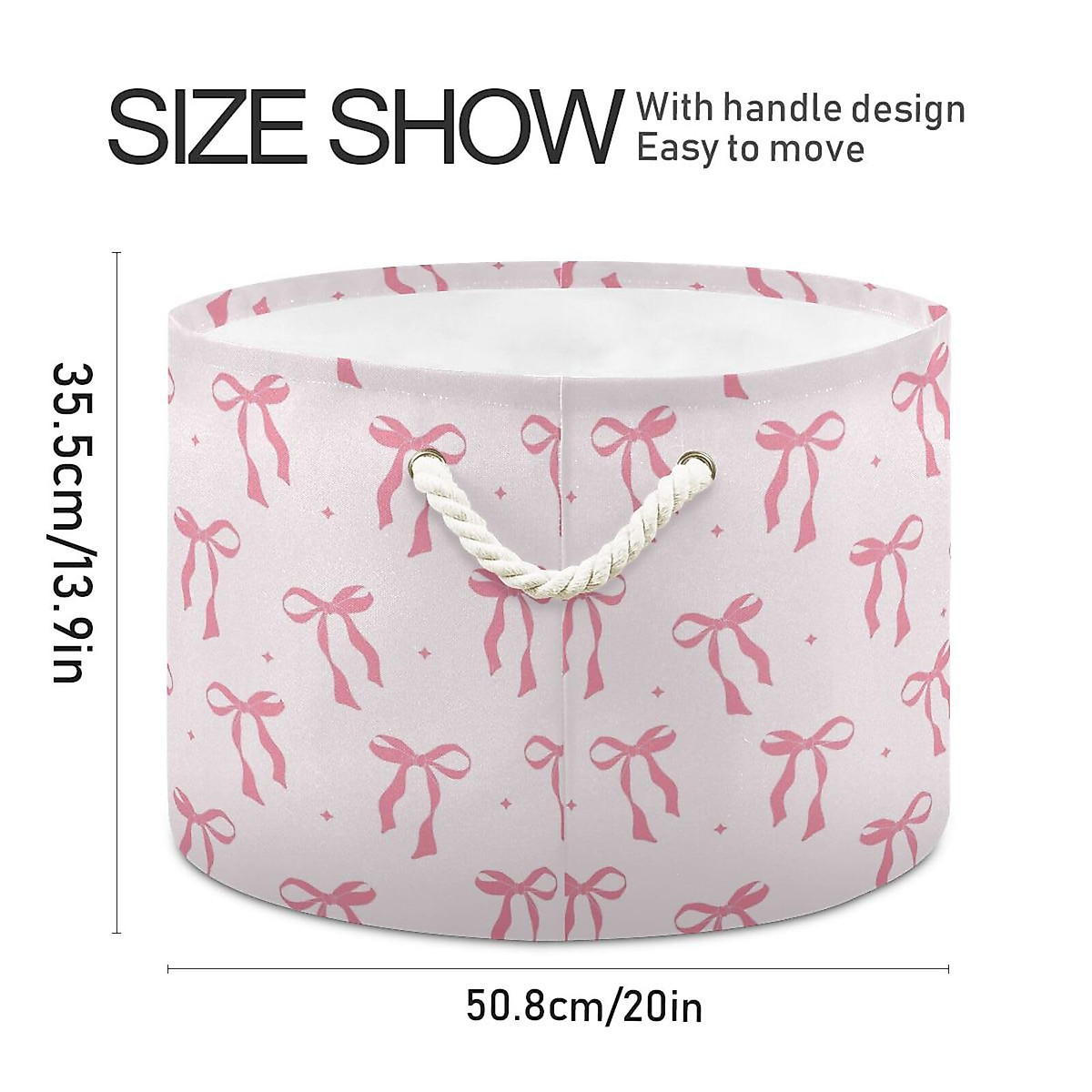 Krafig Cute Ribbon Bow Round Collapsible Storage Basket, Large Toy Storage, Laundry Baskets, Open Home Storage Bins for Toy Organizer, Home Decor, Clothes, Toys