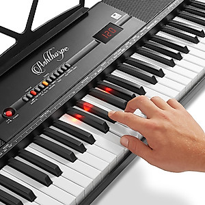 Ashthorpe 61-Key Digital Electronic Keyboard Piano with Light Up Keys, Includes Stand, Bench, Headphones, Mic and Keynote Stickers
