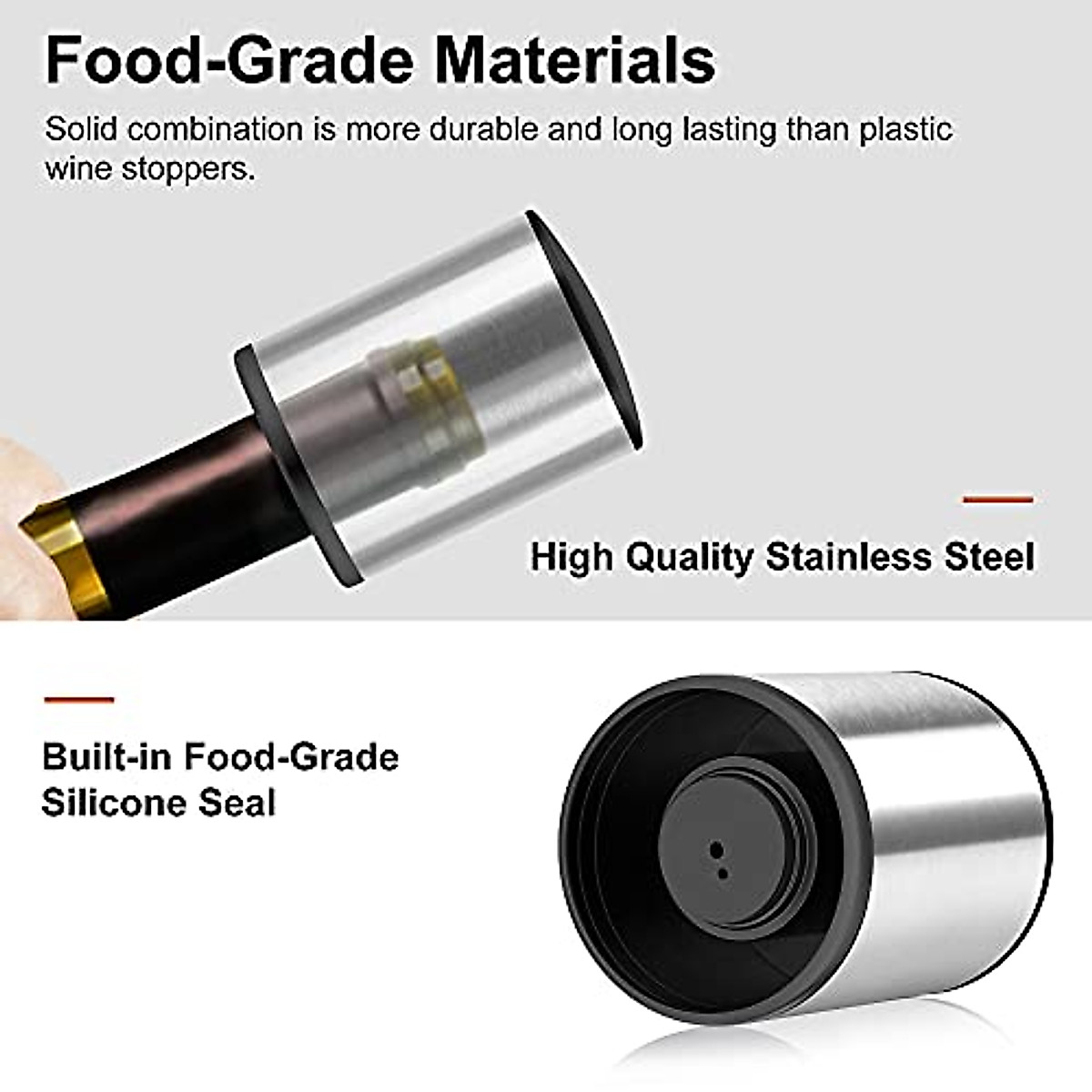 Wine Stopper - HOOMIL 𝟮 𝐏𝐚𝐜𝐤 Stainless Steel Vacuum Wine Bottle Stoppers, Reusable Wine Saver, Wine Accessories Gift for Friends, Family, Wine Lovers - Silver