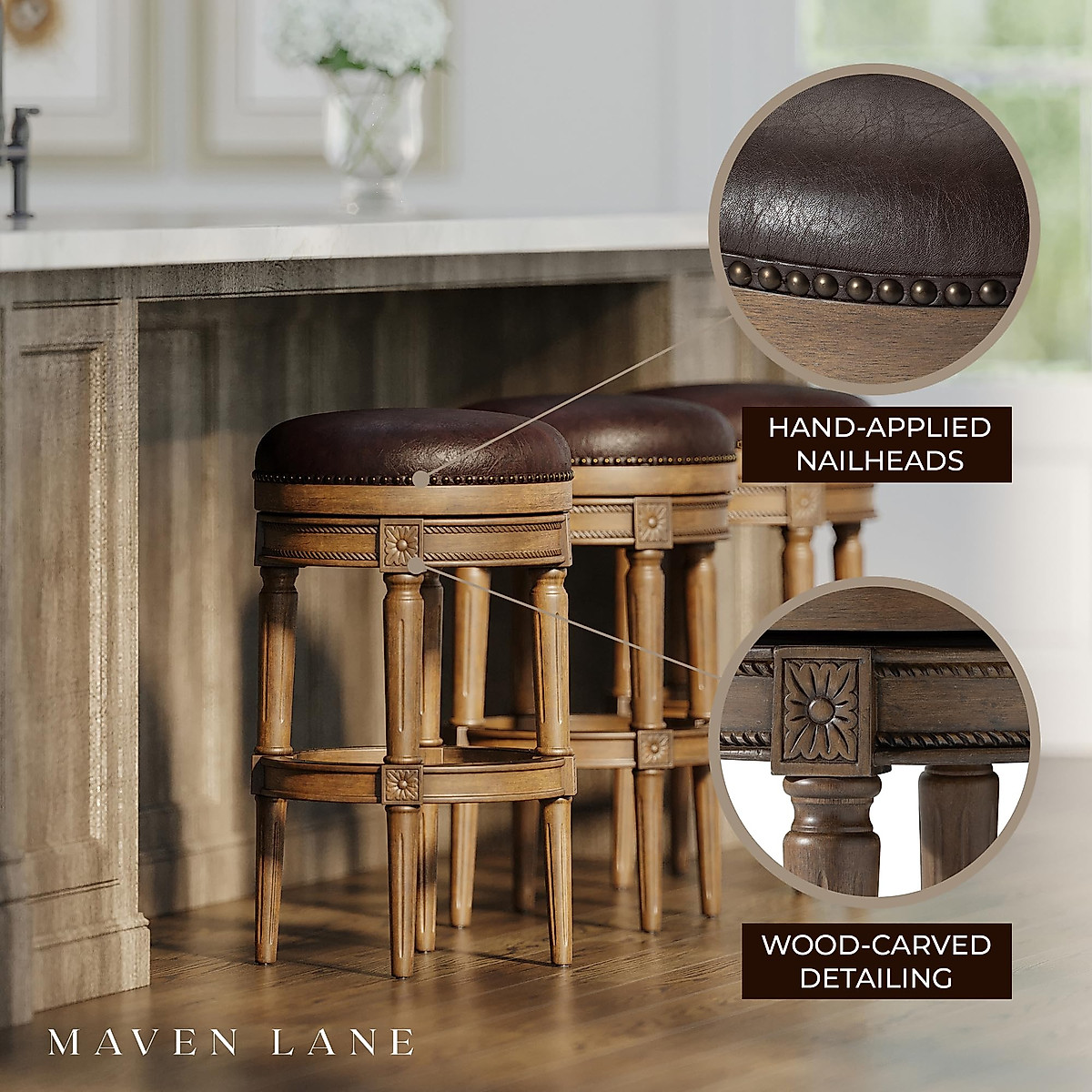 Maven Lane Pullman 31 Inch Tall Bar Height Upholstered Backless Barstool in Walnut Finish with Marksman Saddle Vegan Leather Cushion Seat, Set of 3