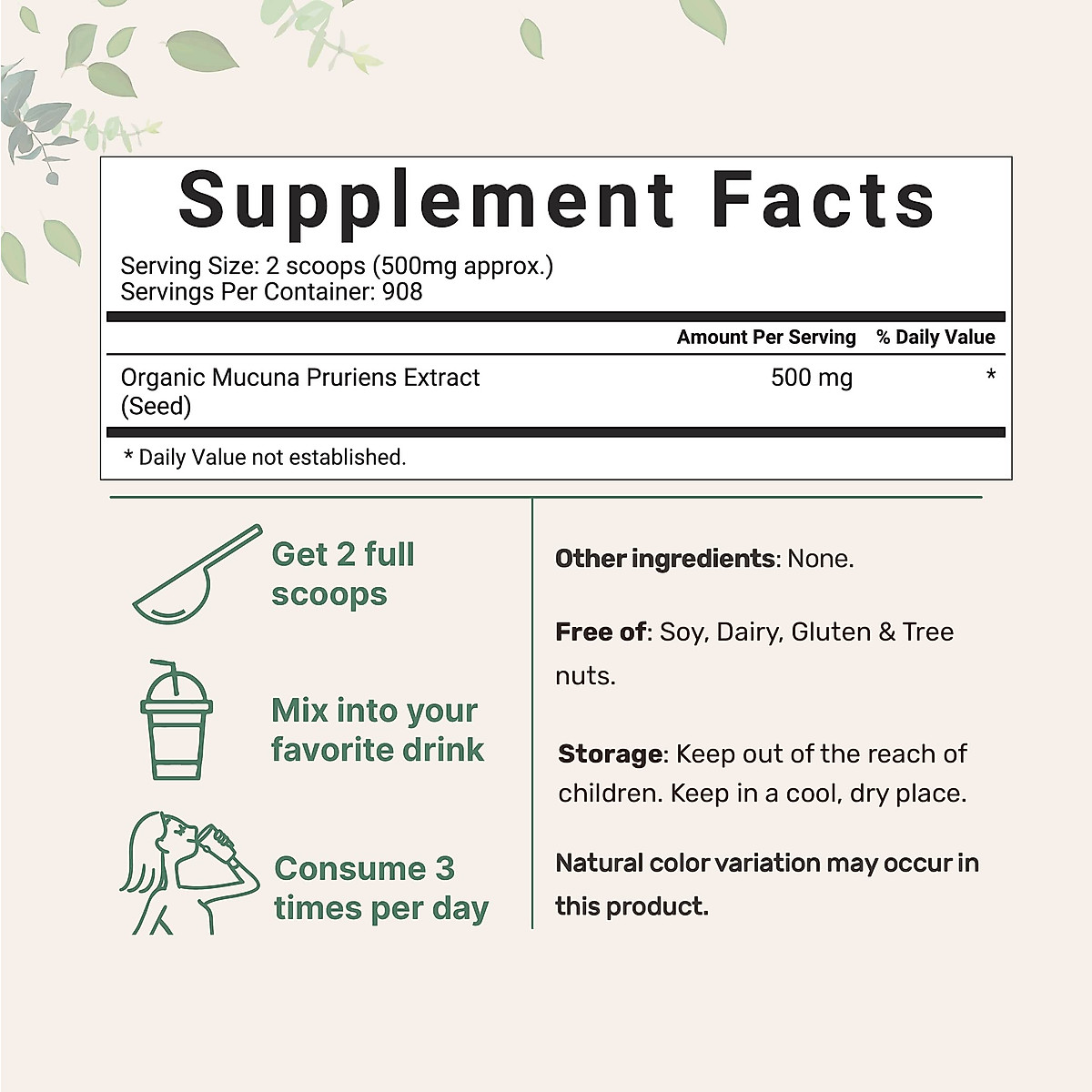 Micro Ingredients Organic Mucuna Pruriens Extract Powder,1 Pound (908 Servings), Pure Mucuna Supplement, Promote Mood, Brain Health and Boosts Immune System, Energy, Vegan Friendly