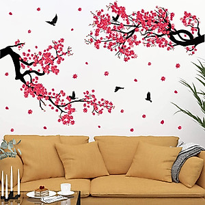 WOYINIS 3D Cherry Blossom Wall Stickers, Tree Branch Birds and Falling Flowers Petals Wall Decals, Peel & Stick Women Girls Bedroom Wall Decals Stickers Art for Living Room Bedroom Office Wall Decor