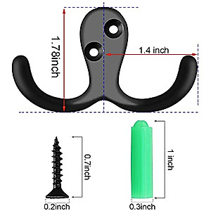 Suprwolf 8 Pack Heavy Duty Double Prong Coat Hooks Wall Mounted with 16 Screws Retro Double Robe Hooks Utility Hooks for Coat, Scarf, Bag, Towel, Key, Cap, Cup, Hat (Black)