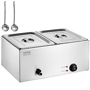 VEVOR 2-Pan Commercial Food Warmer, 24QT Electric Steam Table, 1200W Professional Countertop Stainless Steel Buffet Bain Marie with 86-185°F Temp Control for Catering and Restaurants, Silver