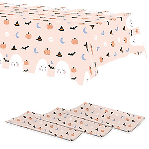 Mocsicka 3Pcs Boo Halloween Tablecloth Halloween Pink Ghost Party Decorations Halloween Birthday Plastic Table Cover for Girl Boo Baby Shower Birthday Rectangular Disposable Party Supplies 108x54 Inch