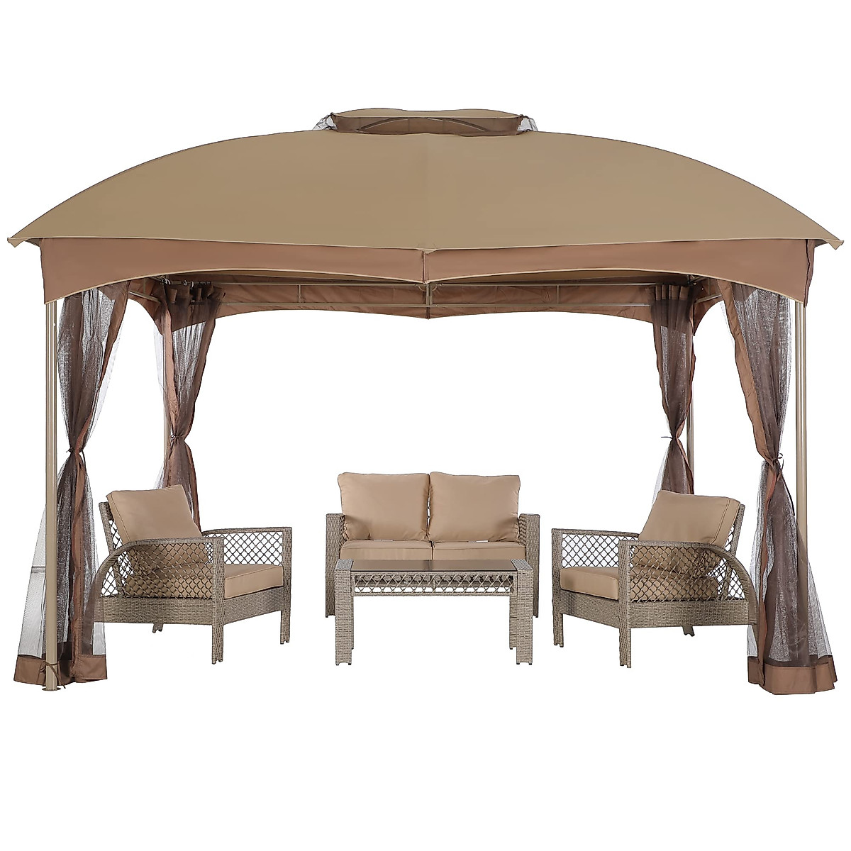 PHI VILLA 10x12 Gazebo Canopy for Patio, Double Vent Outdoor Canopy Gazebo with Netting, Screen Patio Gazebo Heavy Duty for Garden Deck Khaki