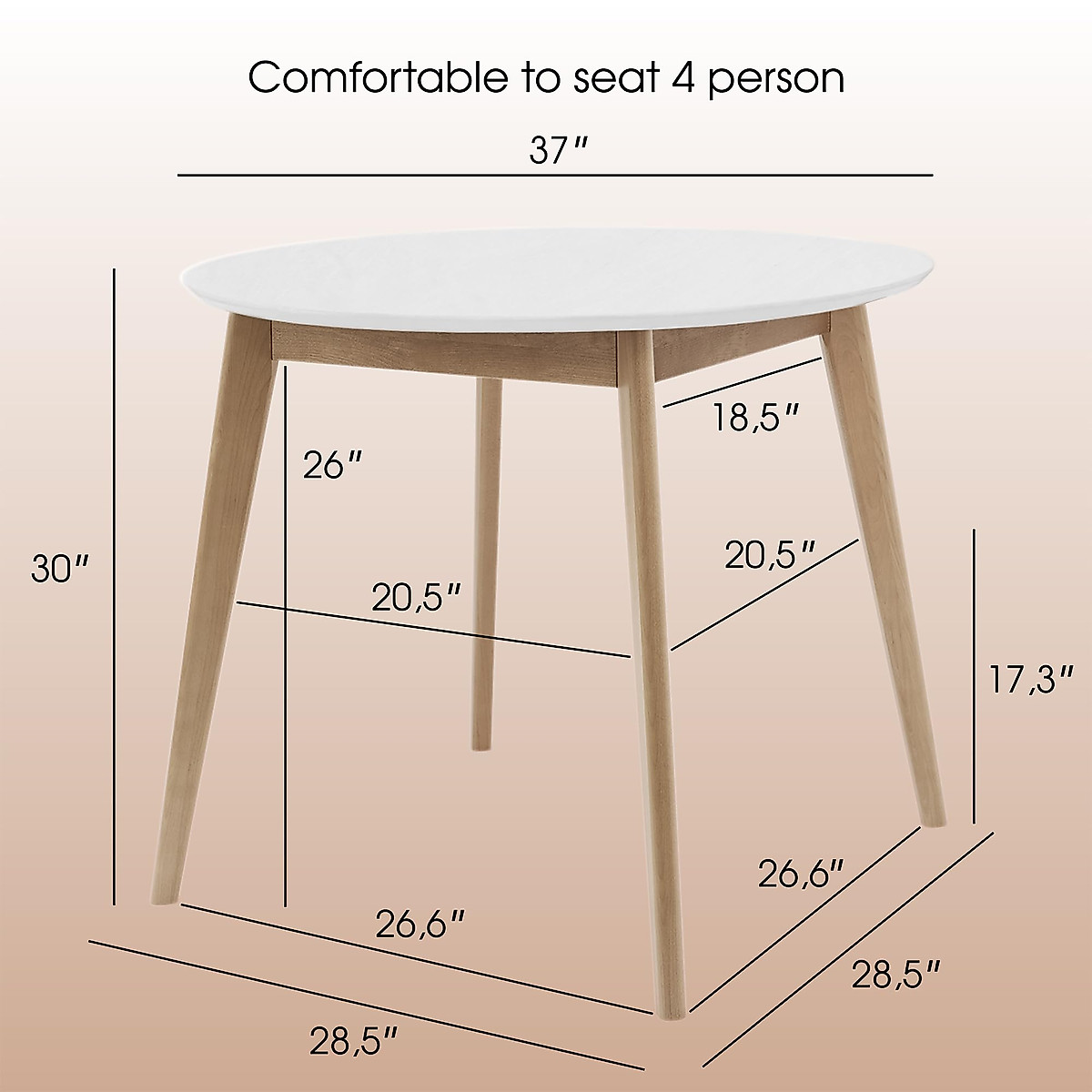 DAIVA CASA Orion Round Table for 4 Person - Birch Solid Wood Kitchen & Dining Room Furniture - Mid Century Modern Scandinavian Style – White Brown Table 37 inch