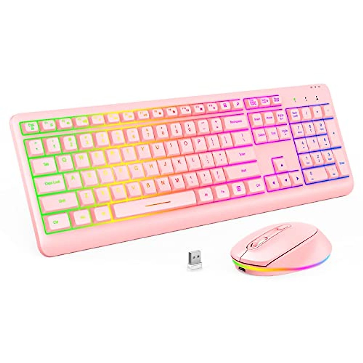 Wireless Keyboard and Mouse Combo Backlit, seenda Rechargeable Full-Size Illuminated 2.4Ghz Silent Keyboard and Mouse for Computer/Laptops/Windows/Gaming, Ice Pink