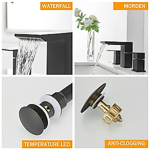 Hoimpro 3 Holes 8 Inch Widespread Bathroom Faucet, Waterfall Two Handles Bathroom Sink Faucet with Pop Up Drain, Bathroom Sink Faucet with cUPC Supply Hoses, Stainless Steel, Matte Black