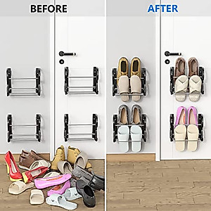 DEYILIAN Wall Mounted Shoes Rack 4 Pack, Hanging Shoe Organizer, Door Hanging Shoe Rack with Sticky Mounts, Wall Shoe Holder for Camper RV Shoe Storage with Hooks No Drilling Black