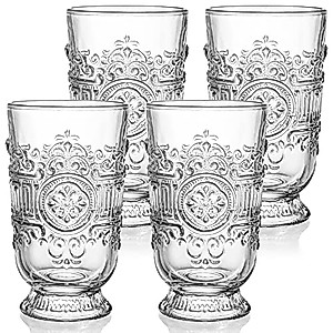 Hacaroa Set of 4 Vintage Embossed Drinking Glasses Short Stem Water Glassware, 11 Oz Clear Stemmed Highball Glass Beverage Cup, Romantic Footed Wiskey Glasses for Juice, Beer, Party, Bar