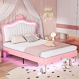 Upholstered Princess Bed Platform Bed, Full Size Fun Cute Bed Frame with Adjustable Crown Shaped Headboard and LED Lights, Kids Bedroom Furniture Princess Bed Upholstered Bed (White + Pink)